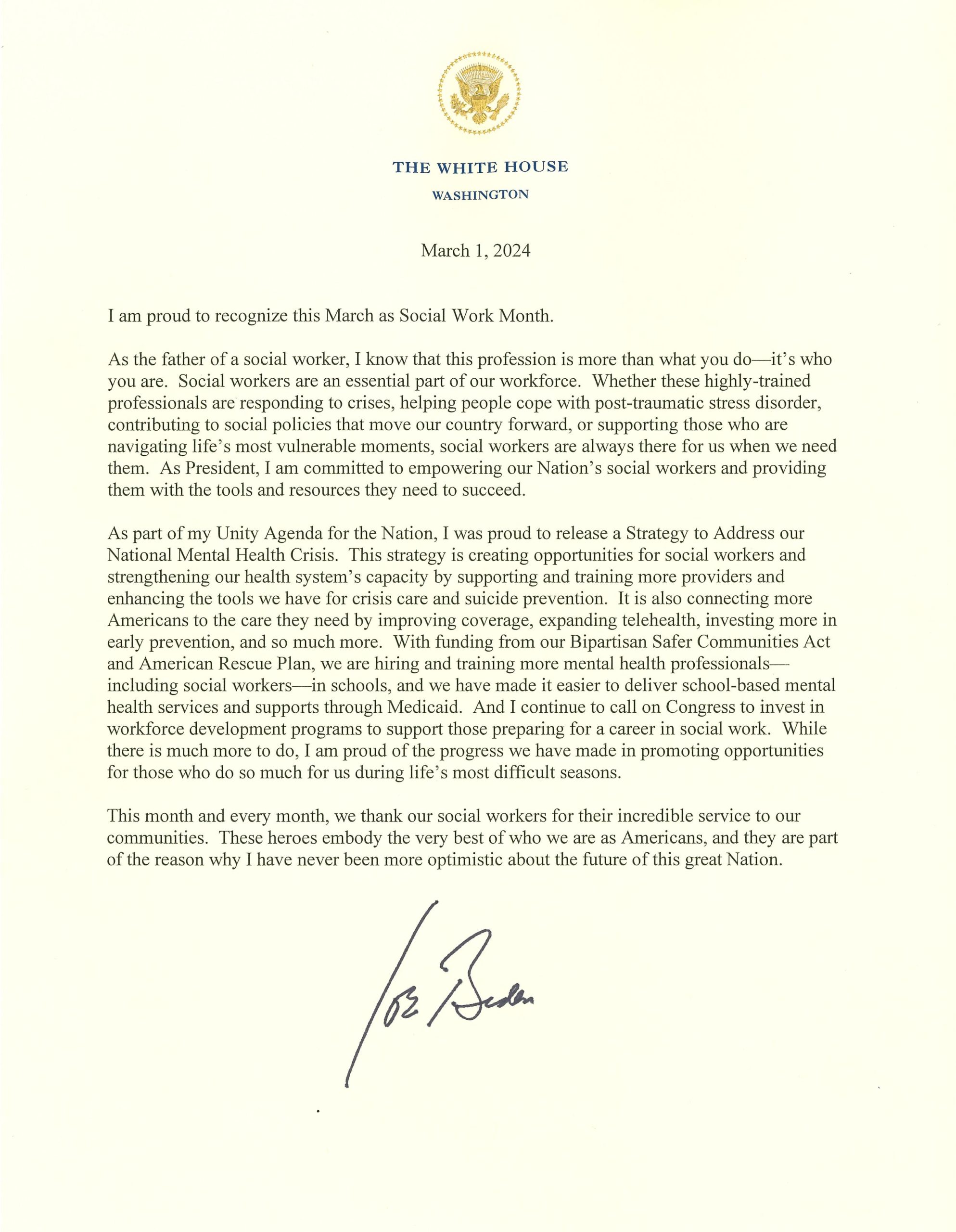 President Biden releases statement in support of Social Work Month – News